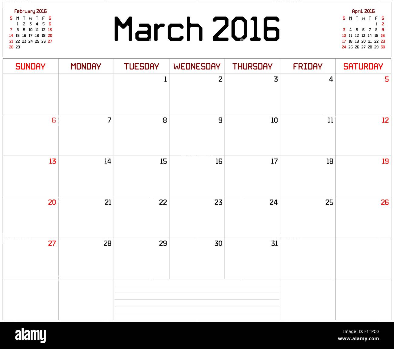 A monthly planner calendar for March 2016 on white. A custom straight ...