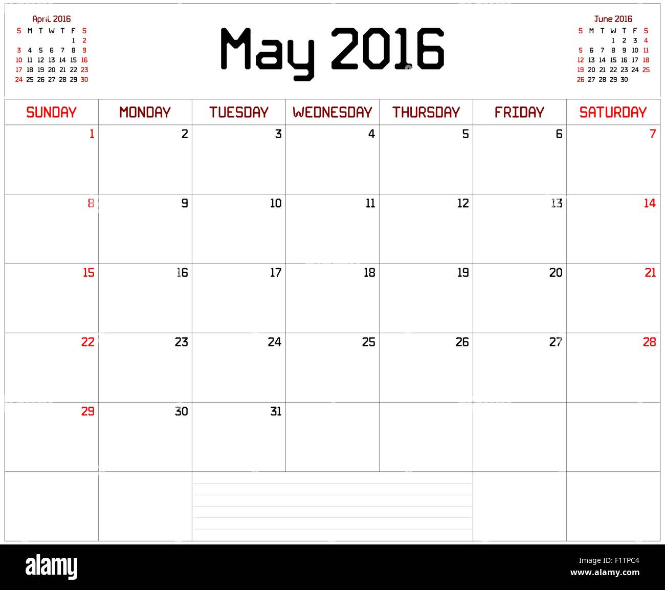 A monthly planner calendar for May 2016 on white. A custom straight ...