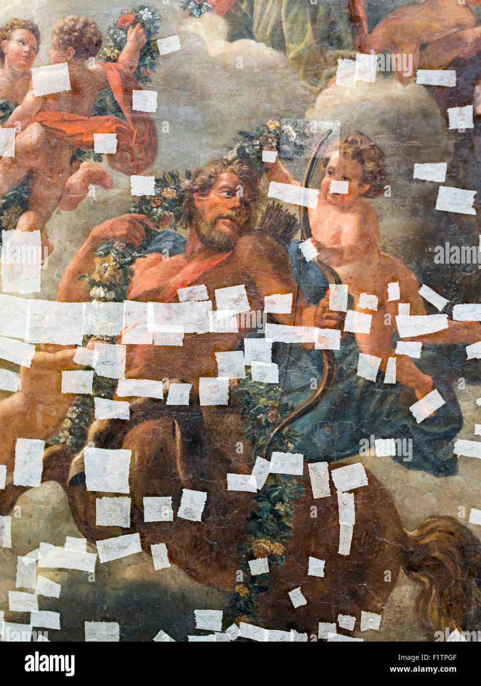 Versailles paintings under Restoration. Rectangles of tape mark the ...