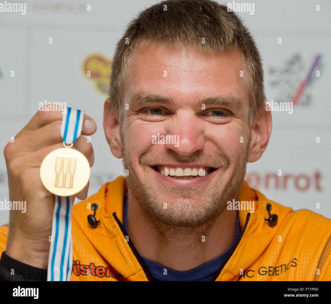 Prague, Czech Republic. 07th Sep, 2015. Czech rower Ondrej Synek smiles ...