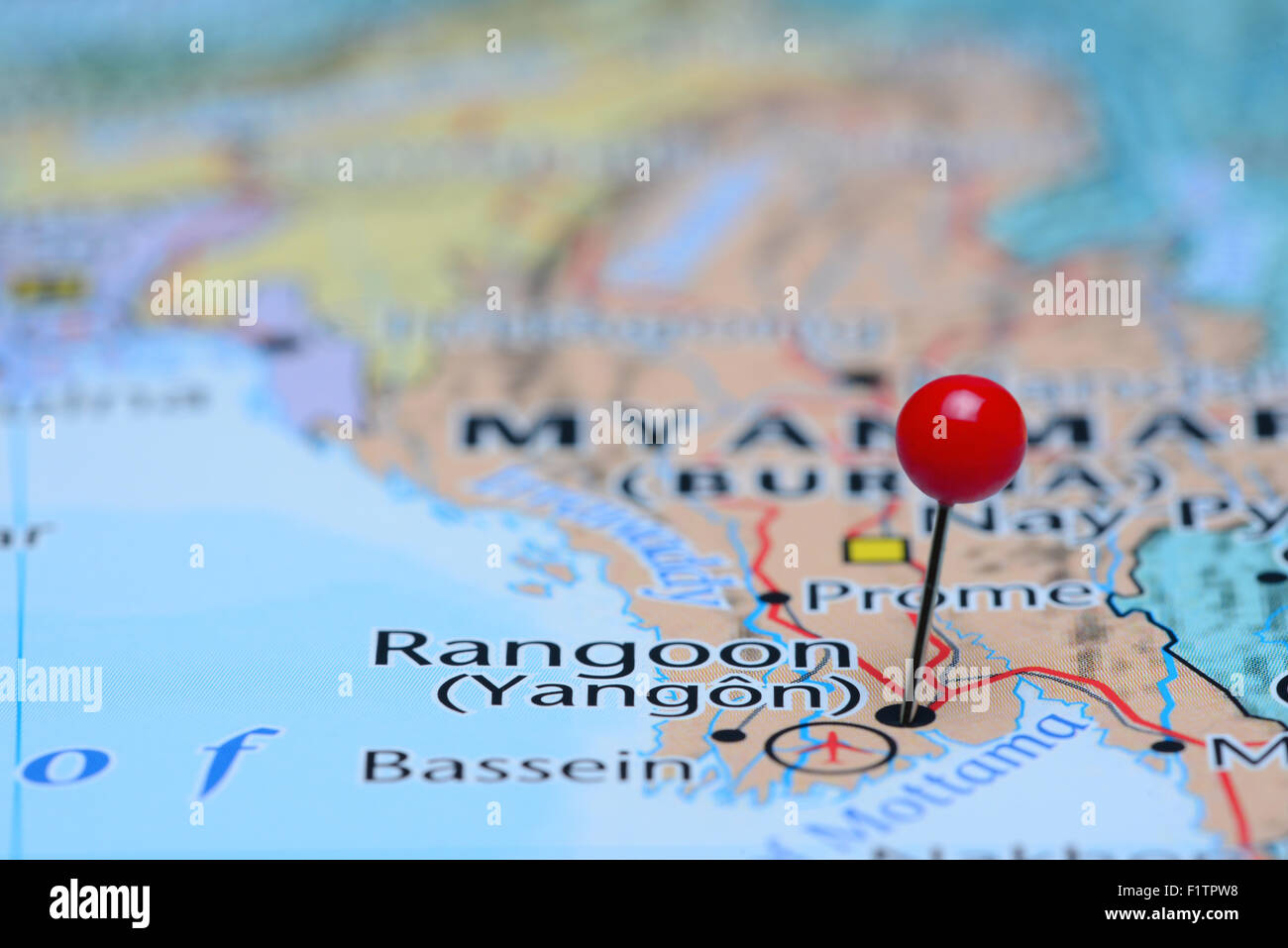 Rangoon pinned on a map of Asia Stock Photo - Alamy
