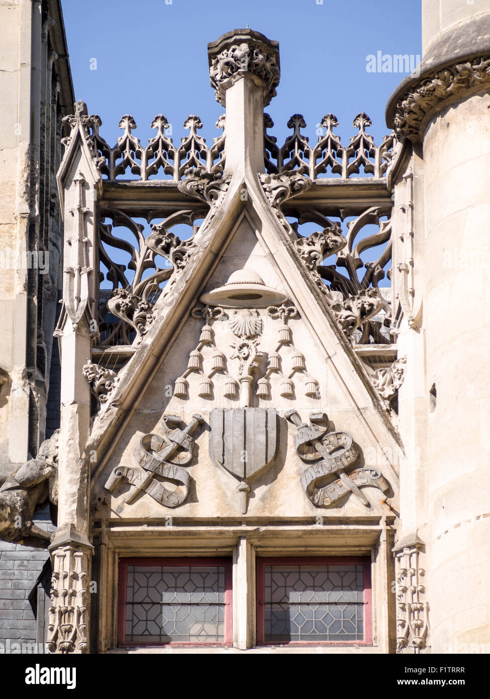 Decorated window of the Cluny Museum. Intricate carving and symbolism ...