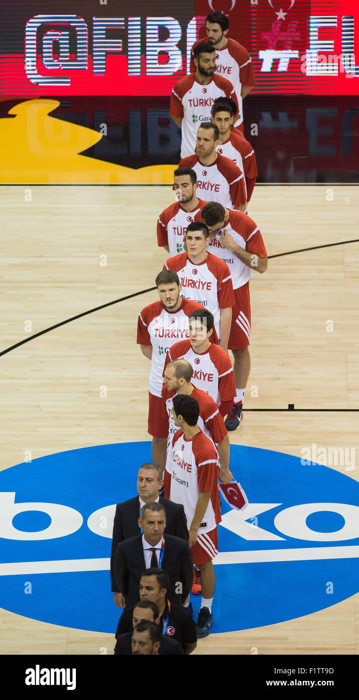 Turkey's national team line up on the court prior to the European ...