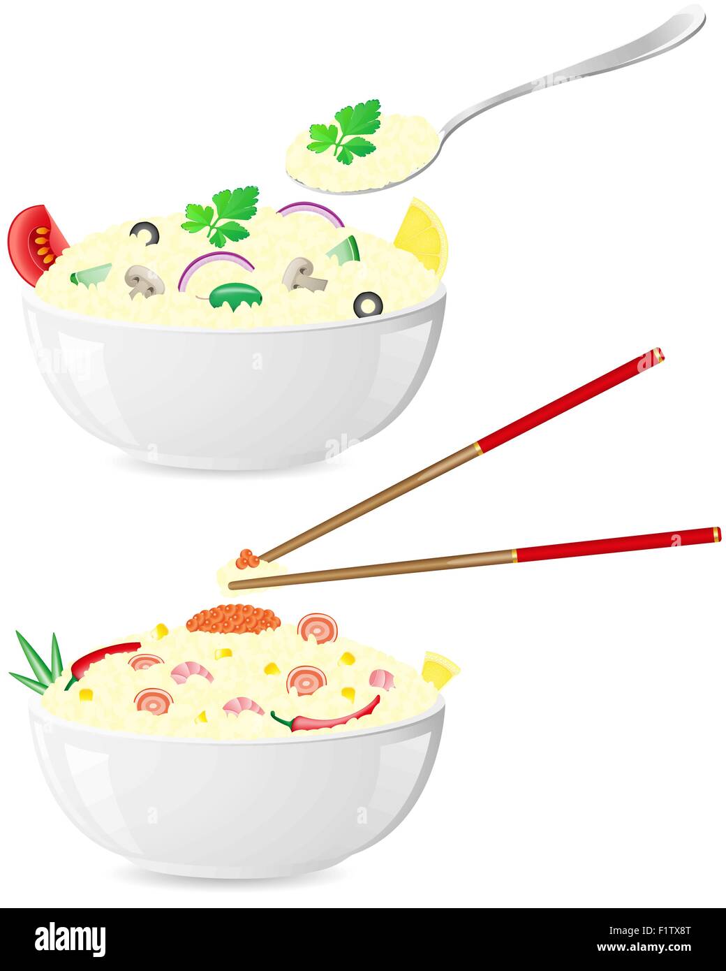 italian and asian rice with vegetables vector illustration isolated on ...