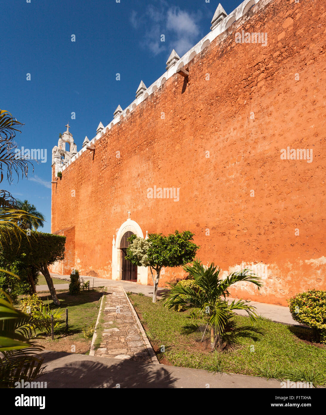 Ticul Church Side Entrance. Morning Lights up the Massive Walls of ...