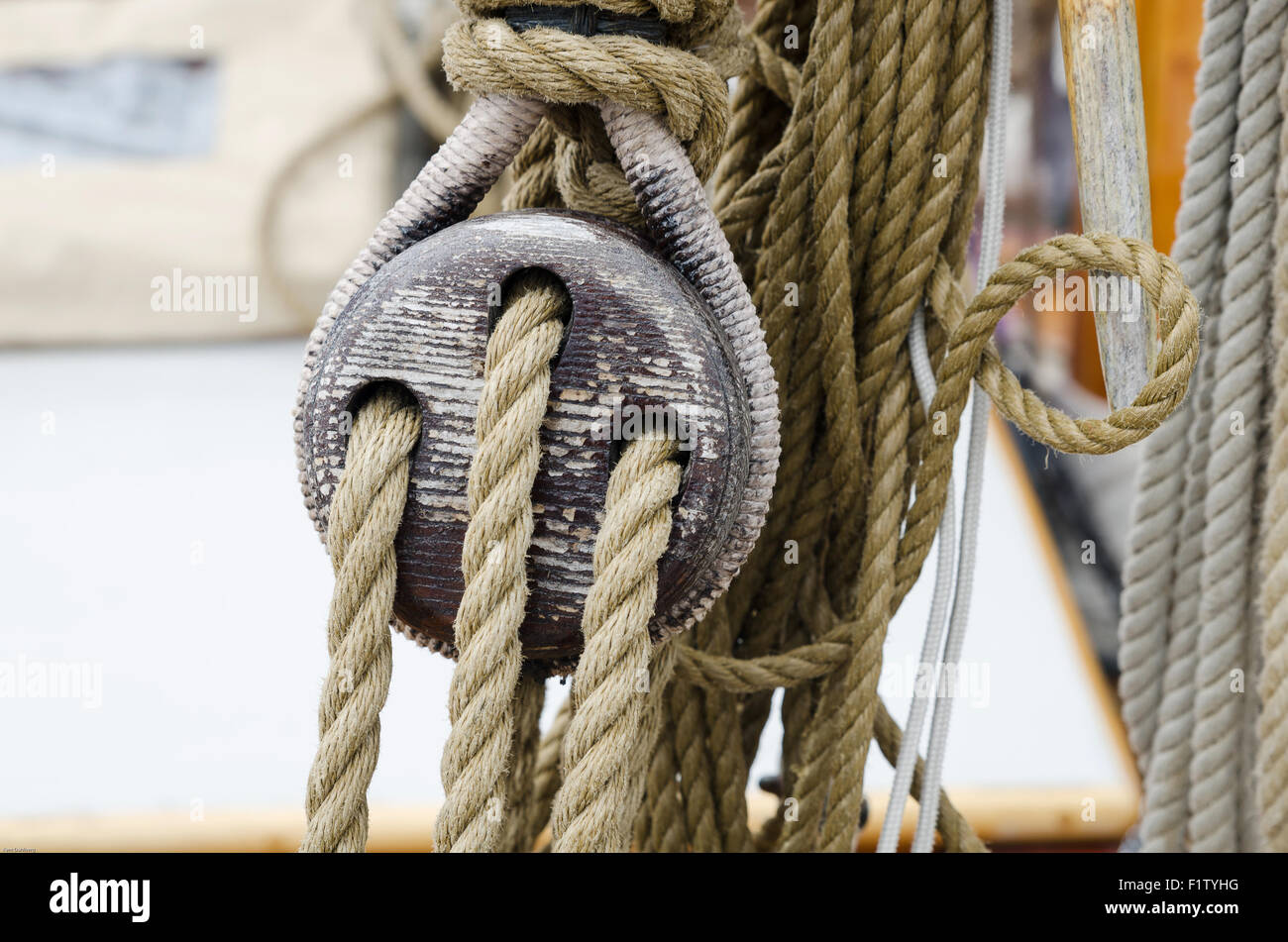 rope and tackle on one old sailboat made of wood Stock Photo - Alamy