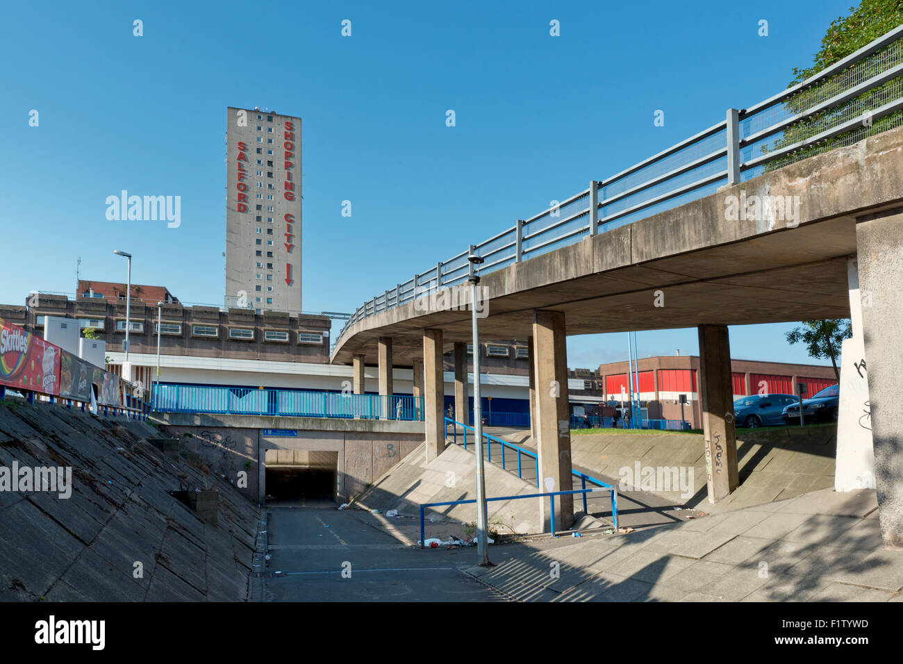 An external shot of the ramp up to Salford Shopping Centre located in ...