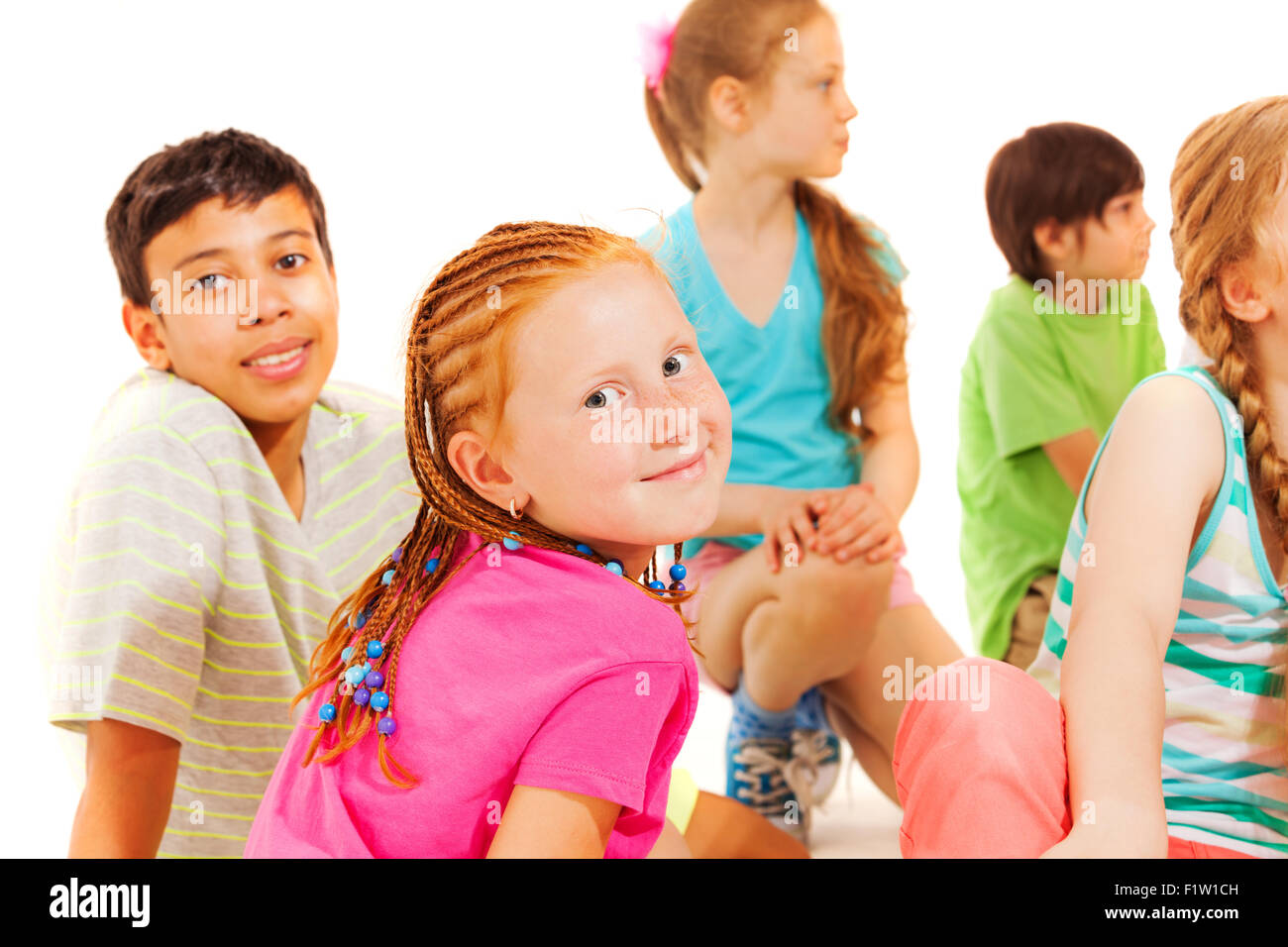 Group of friends boys and girls, girl turn back Stock Photo - Alamy