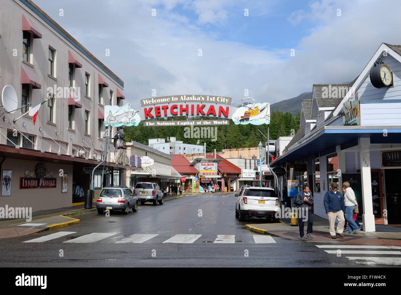 Welcome sign above main street in Ketchikan, Alaska, USA Stock Photo ...