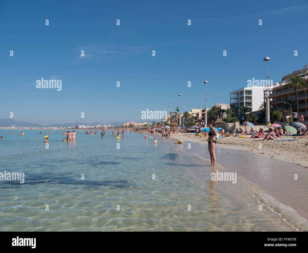 The clear waters of El Arenal Beach, Mallorca, Balearic Islands, Spain ...