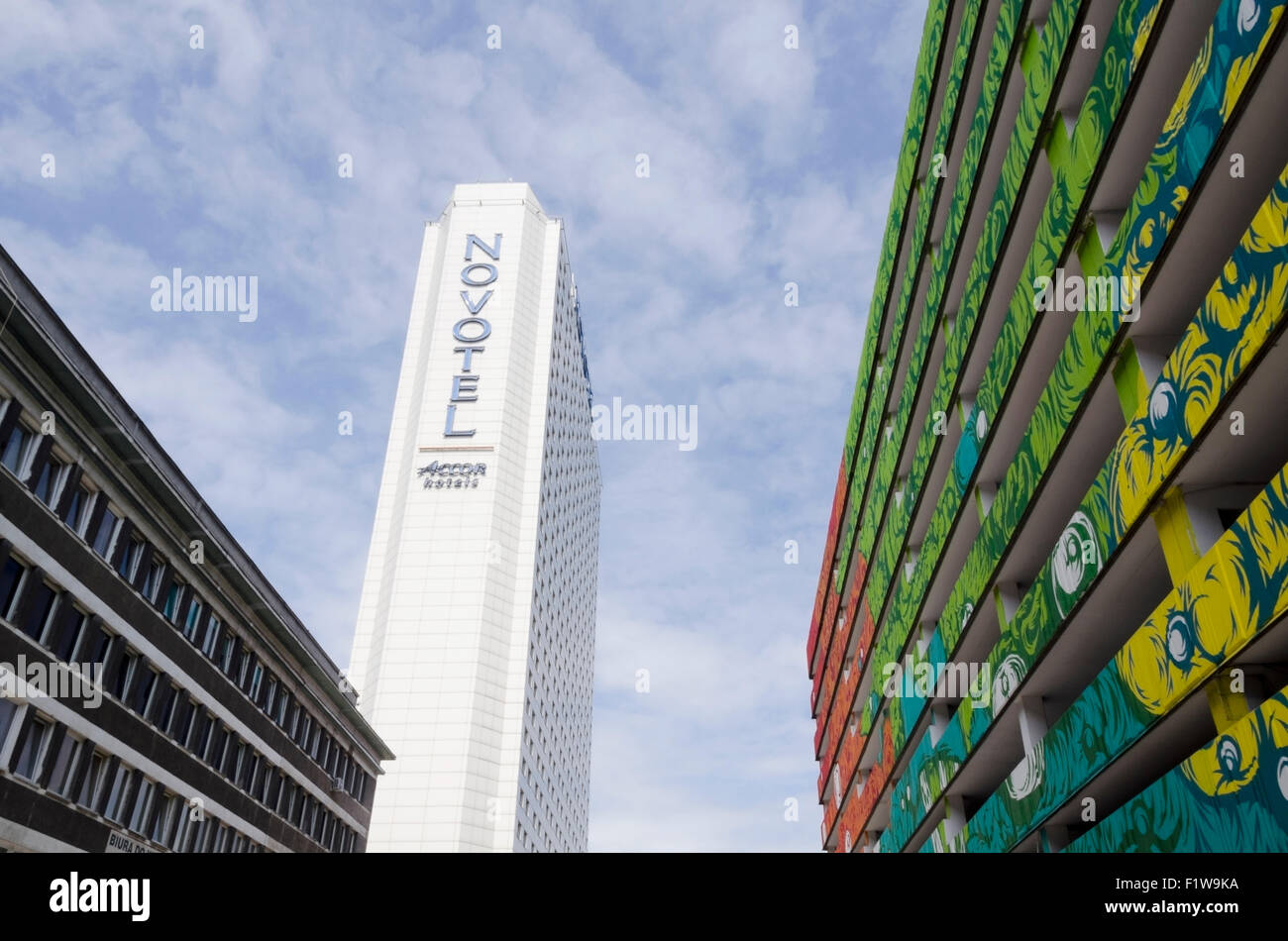 Novotel Hotel and graffiti car park in perspective, Warsaw, Warszawa ...