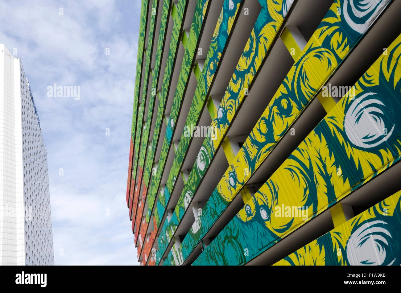Novotel Hotel and graffiti car park in perspective, Warsaw, Warszawa ...