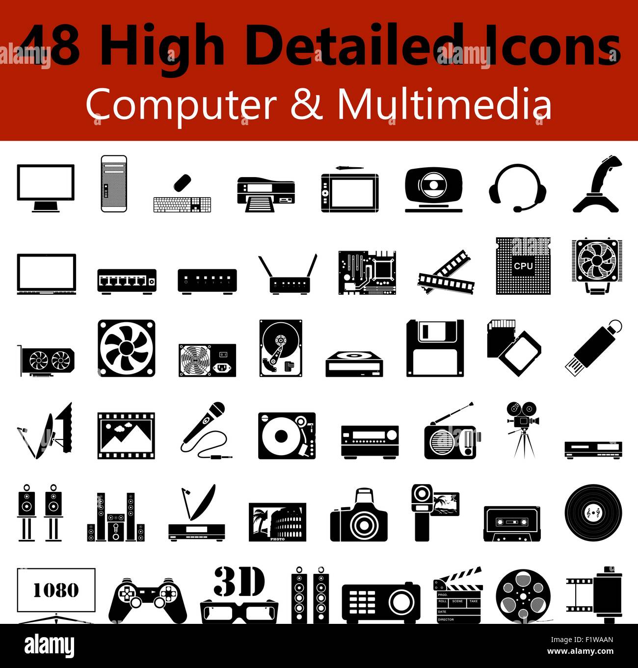 Set of High Detailed Computer and Multimedia Smooth Icons in Black ...