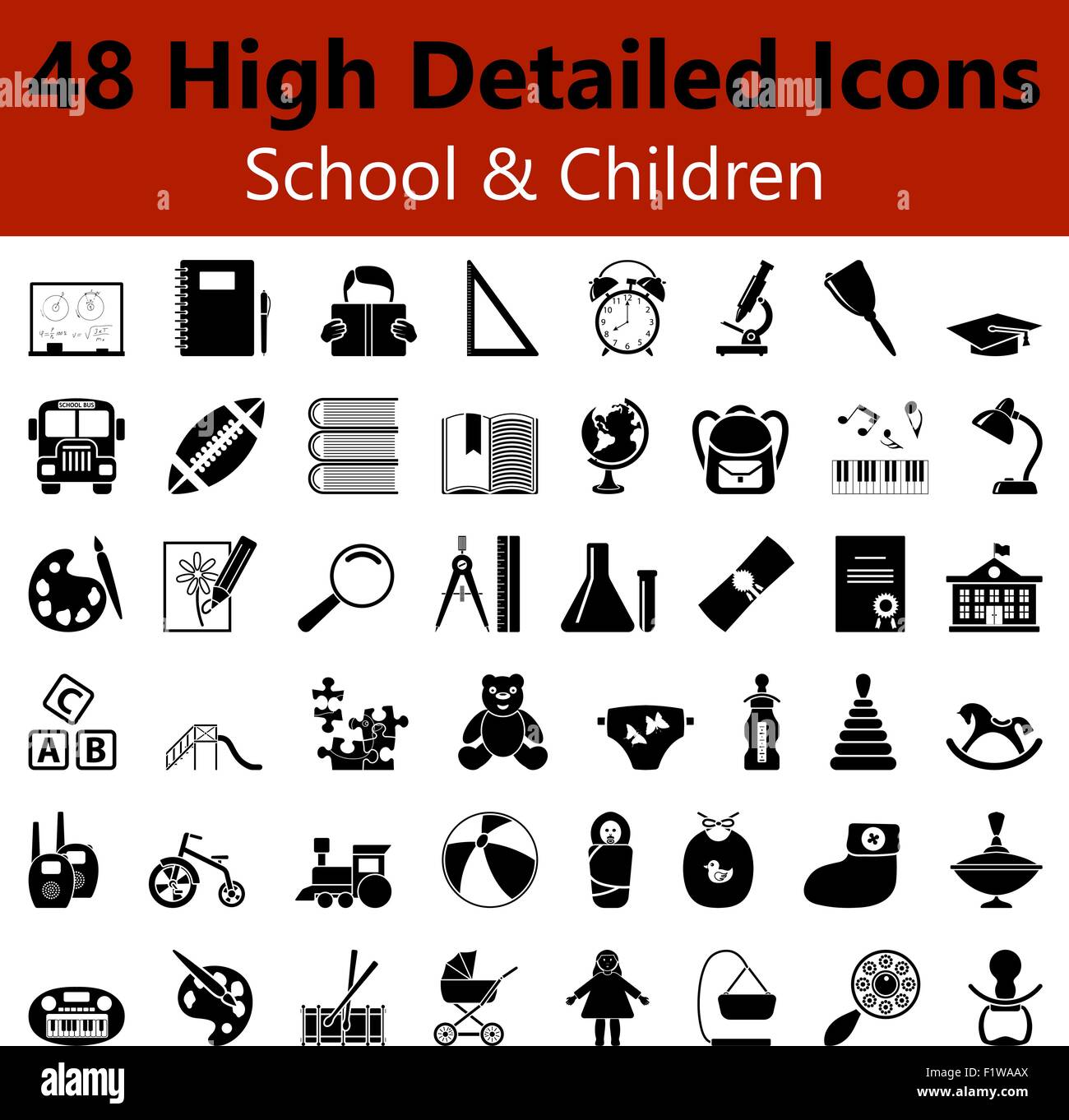 Set of High Detailed School and Children Smooth Icons in Black Colors ...