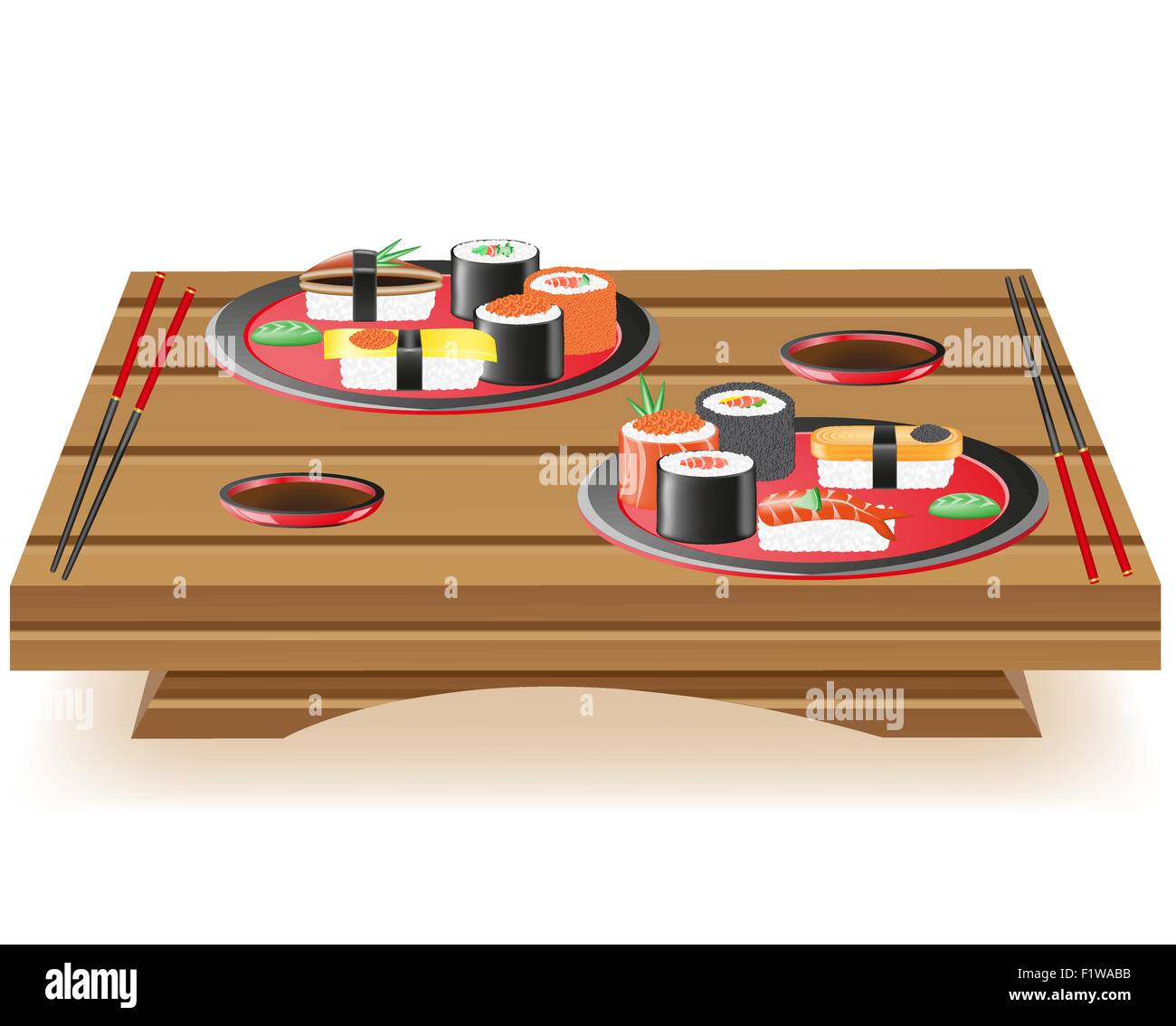 suchi served on wooden table vector illustration isolated on white ...