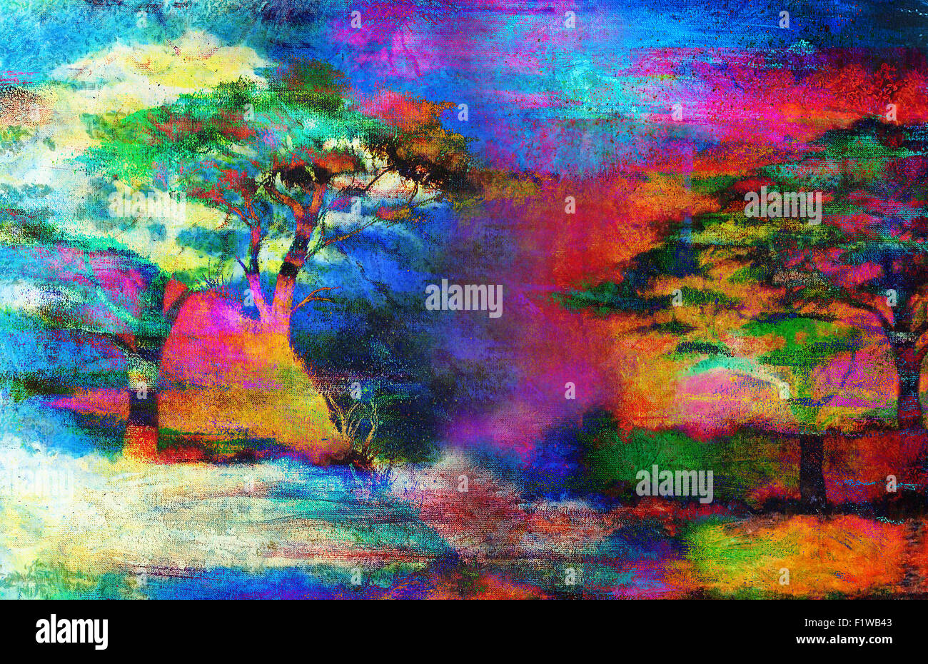 Painting sunset, sea and tree, wallpaper landscape, color collage Stock ...