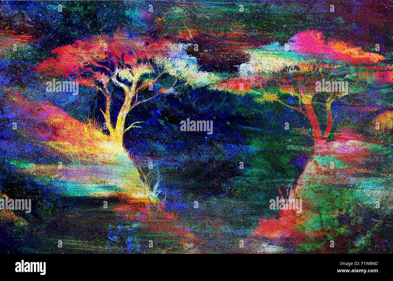 Painting sunset, sea and tree, wallpaper landscape, color collage Stock ...