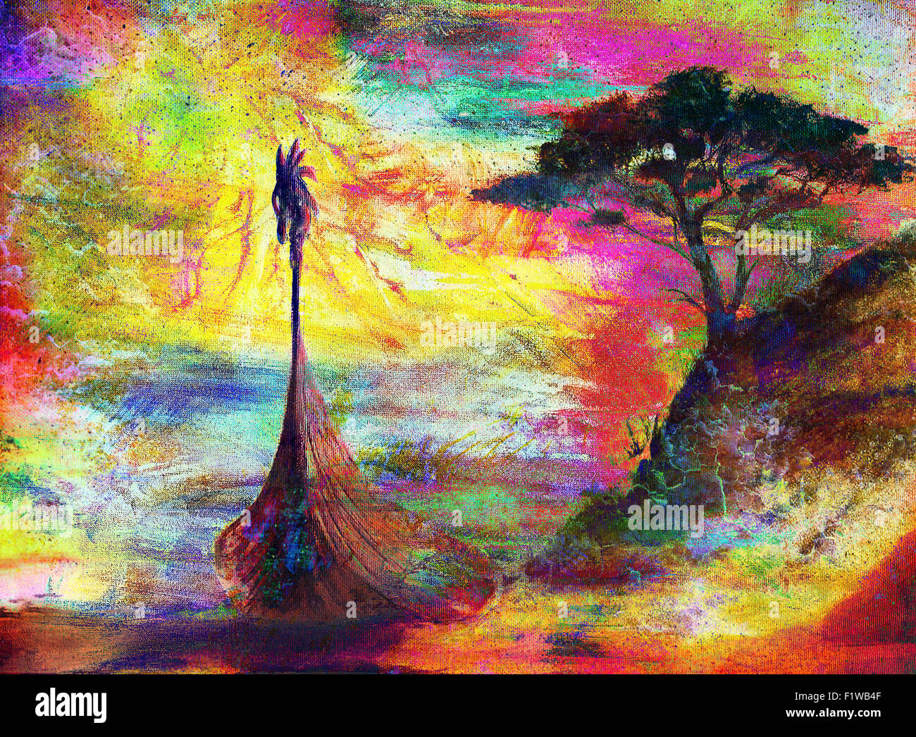 Viking Boat on the beach with tree, color painting collage , Boat with ...