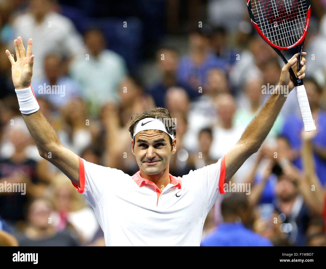 New York, USA. 7th Sep, 2015. Roger Federer of Switzerland reacts after defeating John Isner of ...