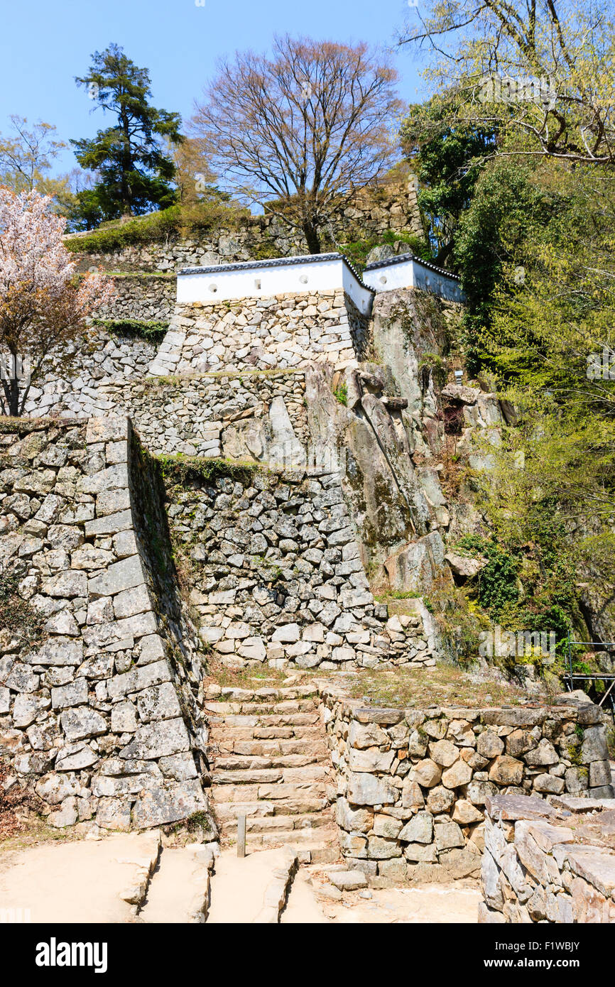 Japan, Takahashi, Bitchu Matsuyama castle. Stone walls, Ishigaki, of ...