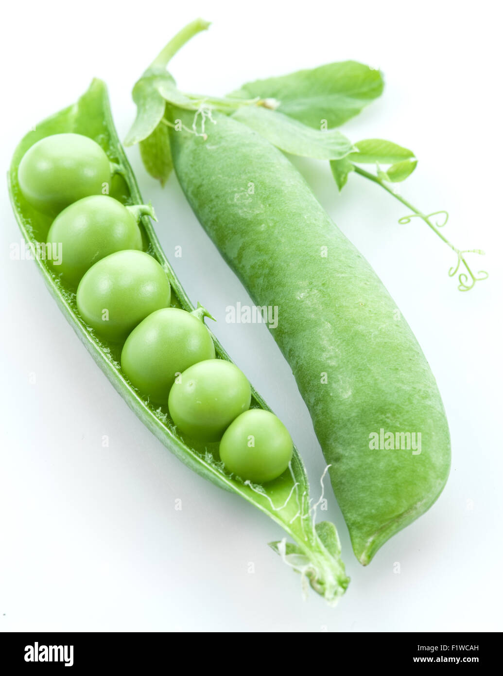 Open pea pod on a white background Stock Photo - Alamy