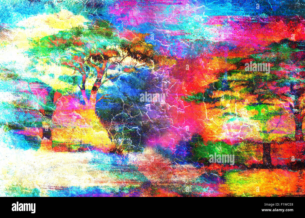 Painting sunset, sea and tree, wallpaper landscape, color collage ...