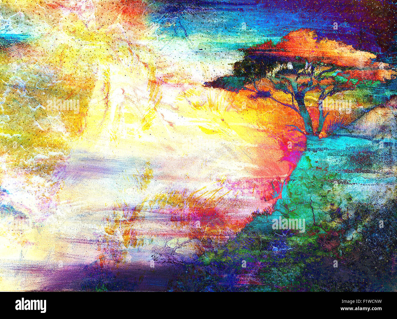 Painting sunset, sea and tree, wallpaper landscape, color collage Stock ...