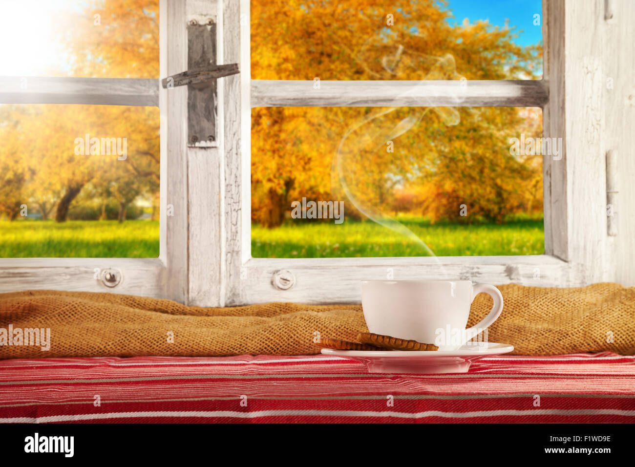 Vintage wooden window overlook autumn trees Stock Photo - Alamy