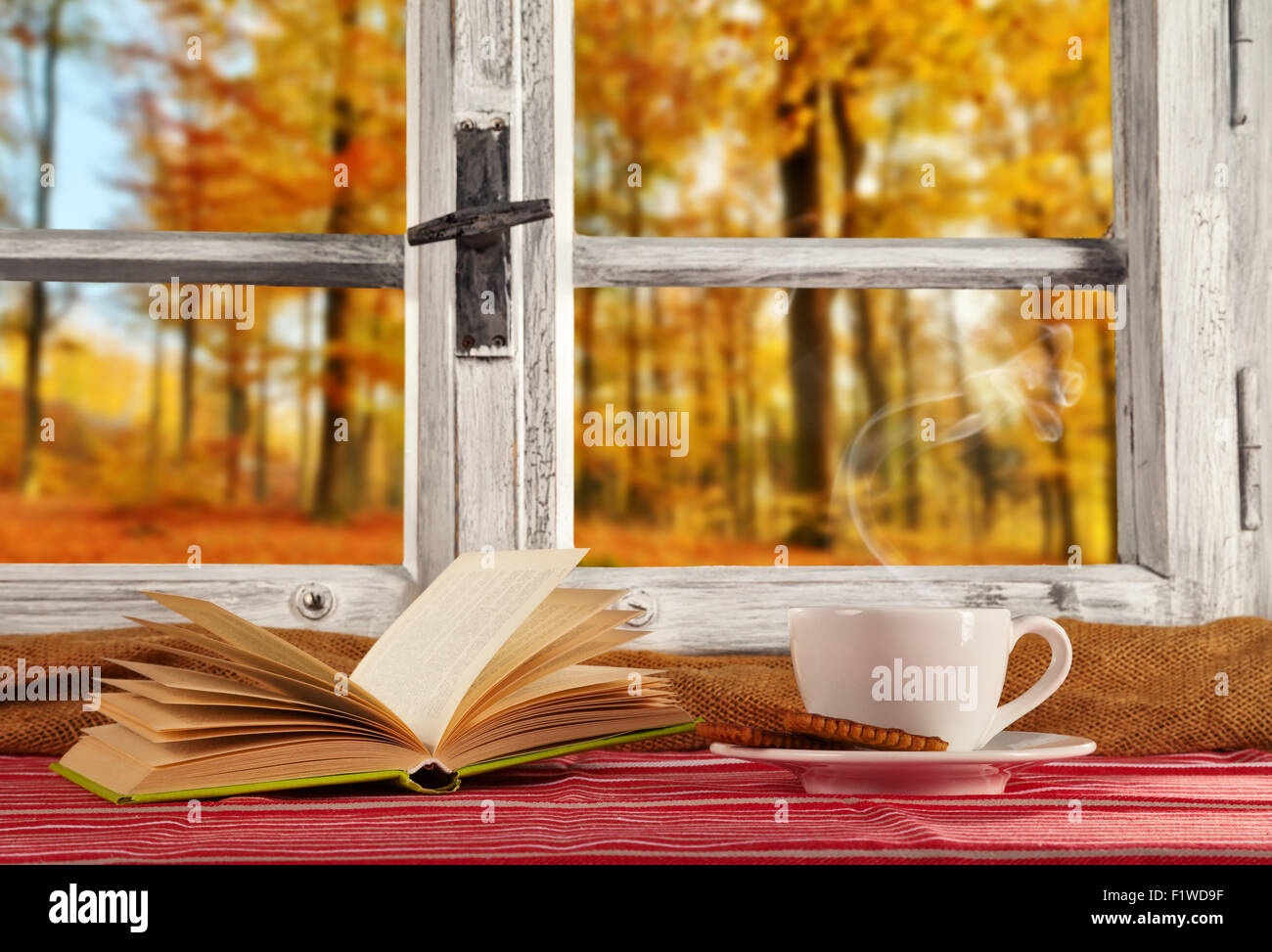 Vintage wooden window overlook autumn trees Stock Photo - Alamy