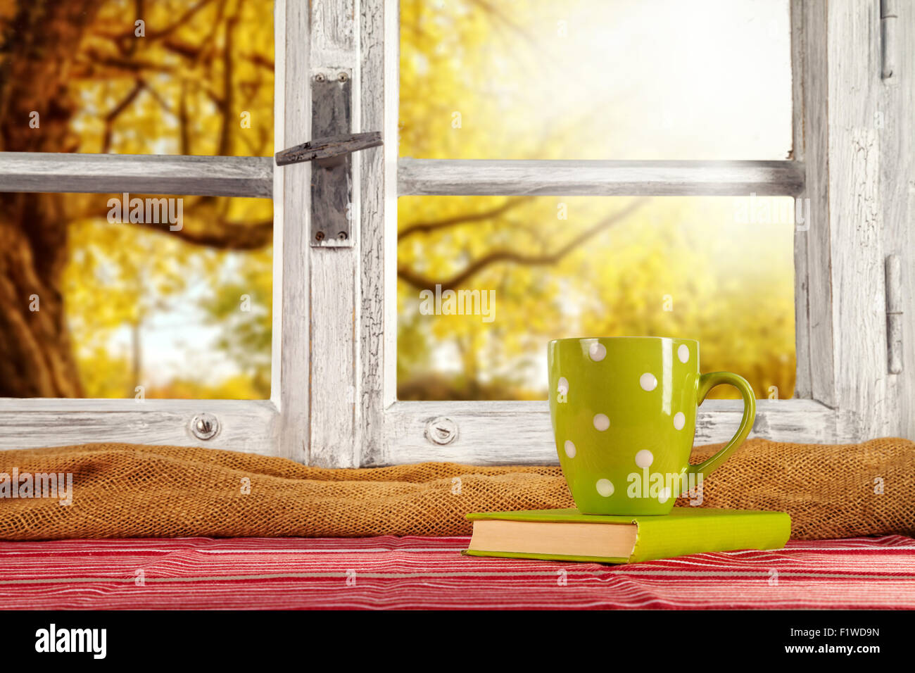 Vintage wooden window overlook autumn trees Stock Photo - Alamy