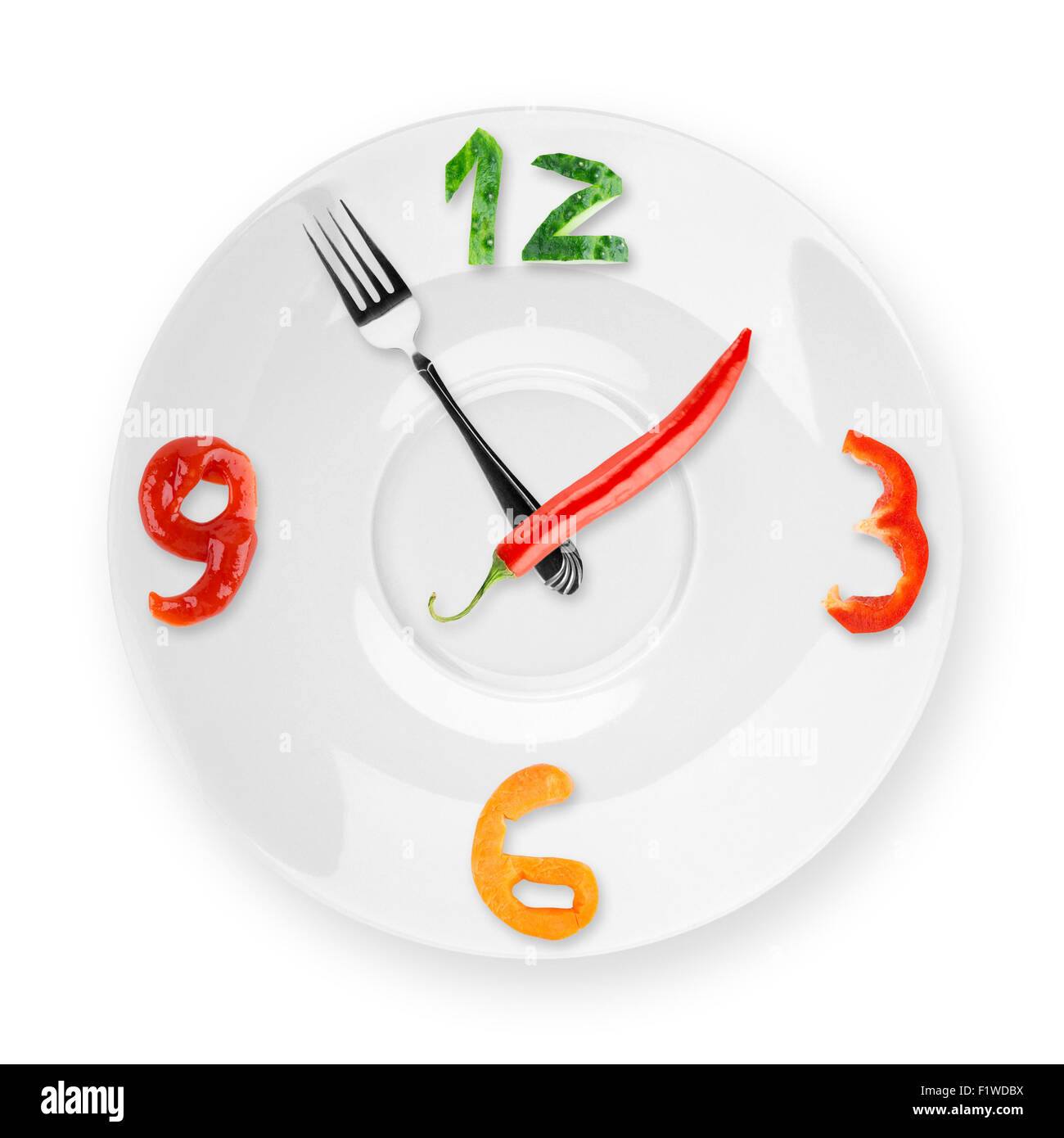 Food clock on white background. Healthy food concept Stock Photo - Alamy