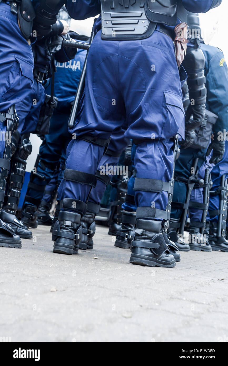 Unit of police special forces in riot gear waiting for orders Stock ...