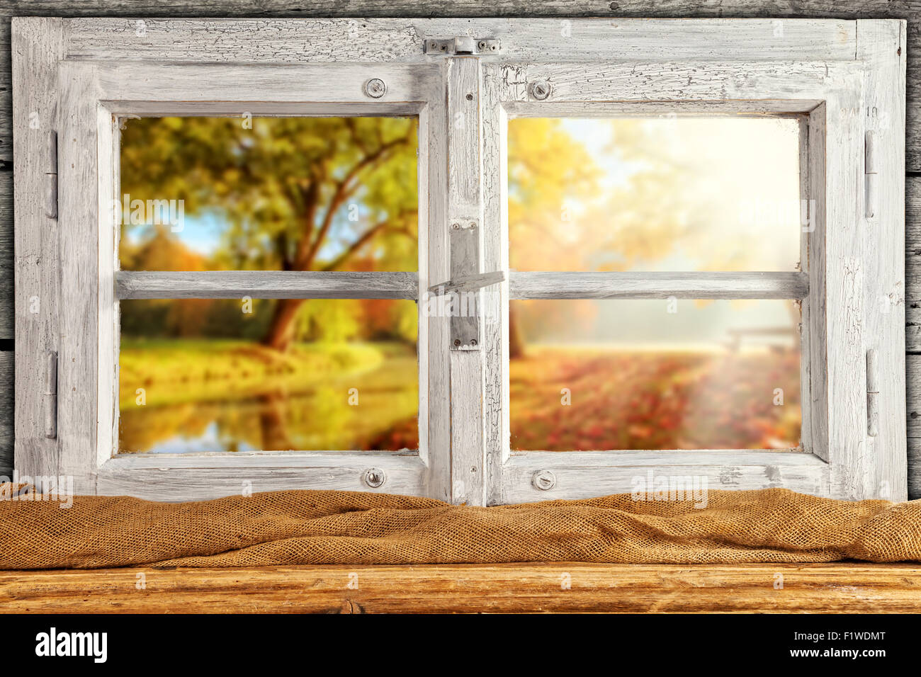 Vintage wooden window overlook autumn trees Stock Photo - Alamy