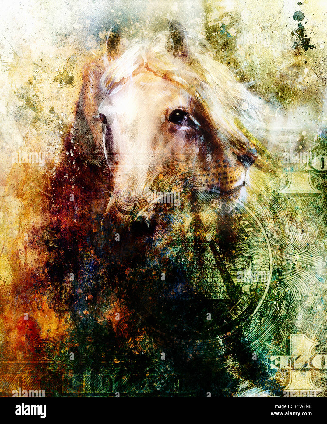 Horse and lion heads, abstract ocre background, with one dollar collage ...