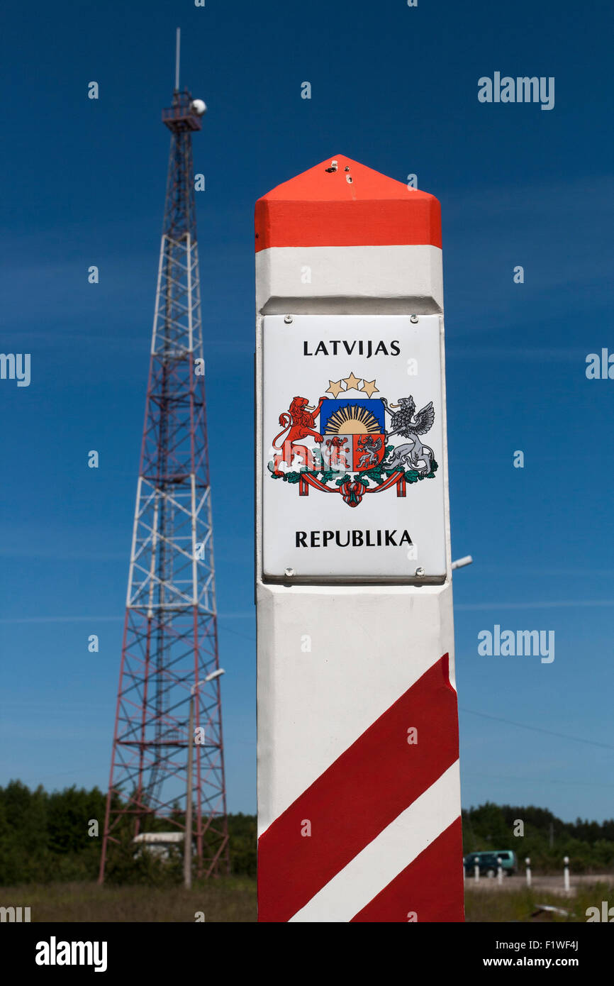 Latvia country border sign between Latvia and Lithuania with coat of ...