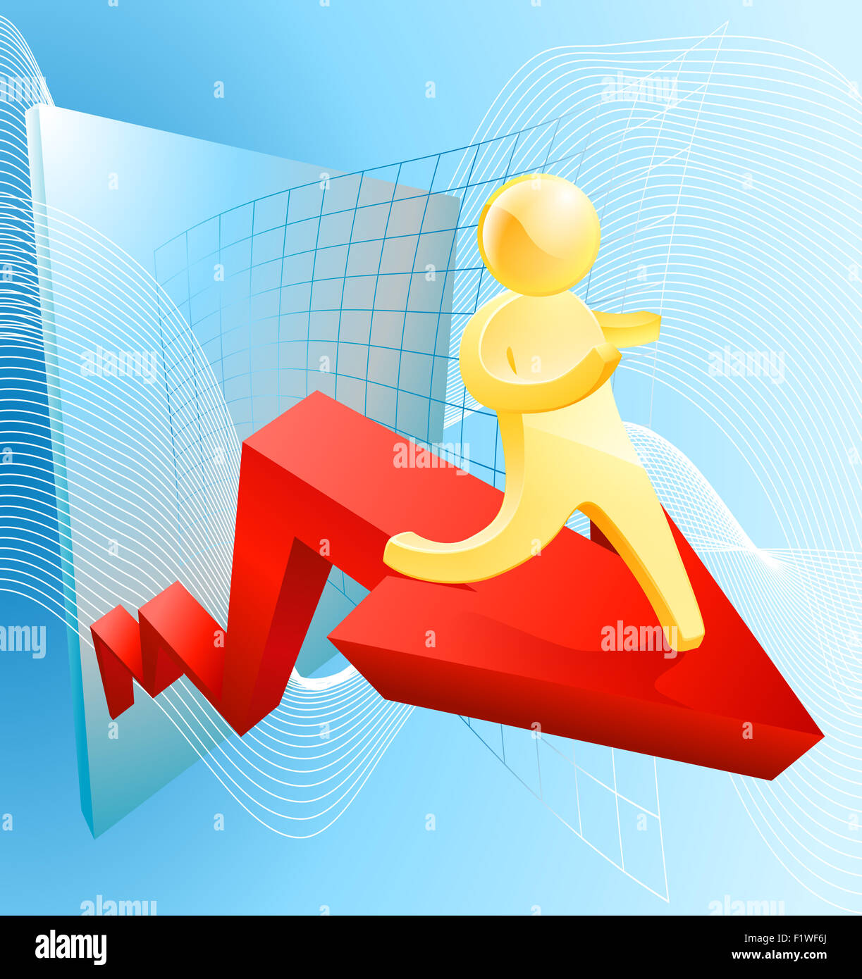 Soaring profit concept of a man running on a line chart arrow shooting ...