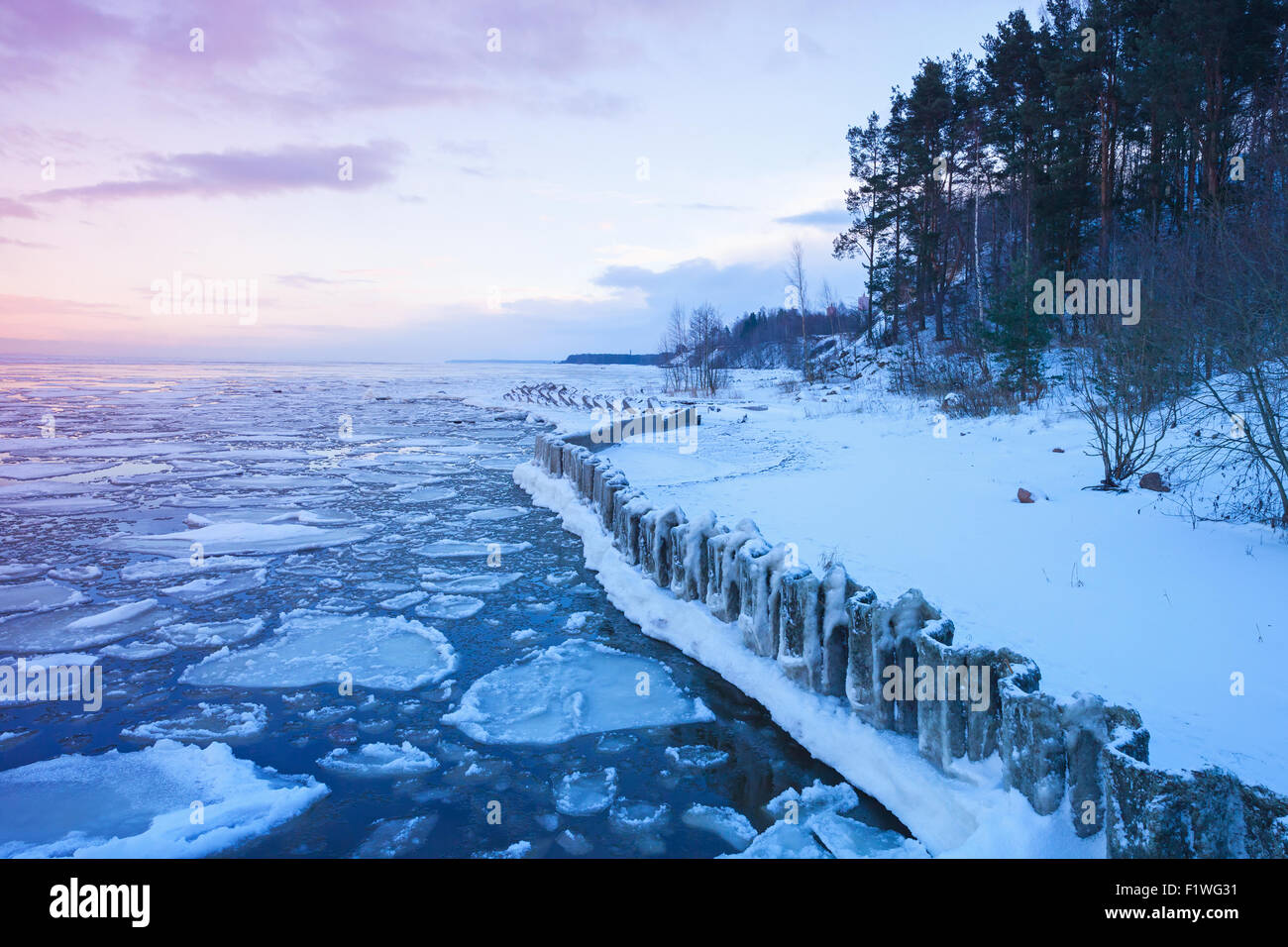 Winter coastal landscape with floating ice fragments and frozen pier ...