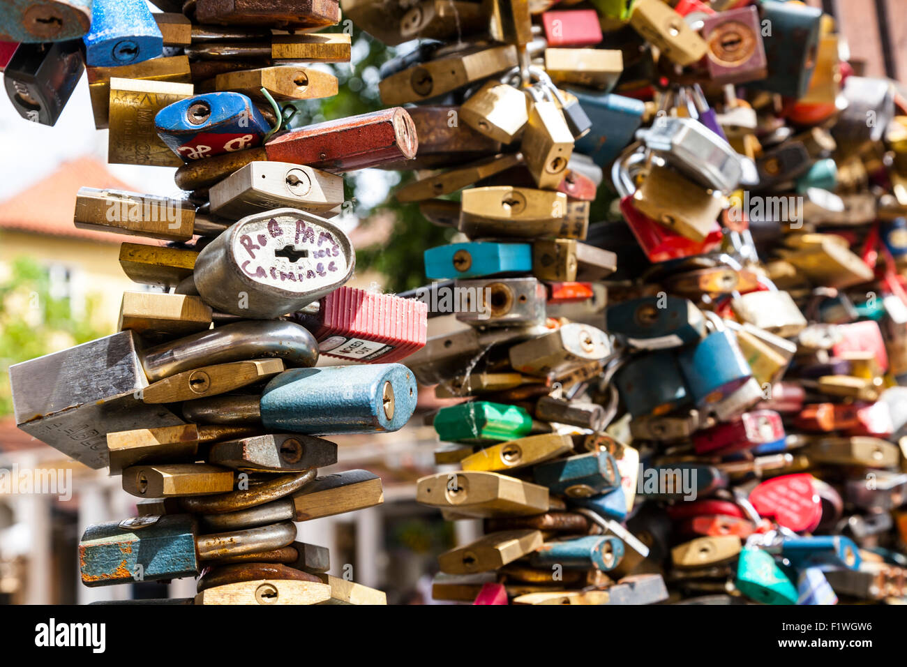 Railing covered with a variety of padlocks (Lovelocks), Prague, Czech ...