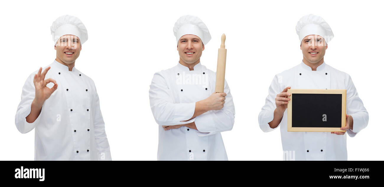 happy male chef baker with menu board showing ok Stock Photo - Alamy
