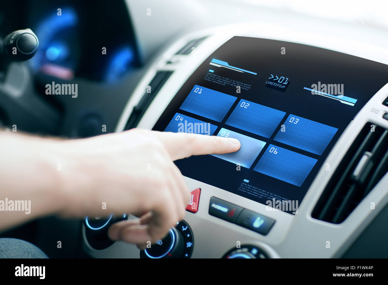 hand pushing button on car control panel screen Stock Photo - Alamy