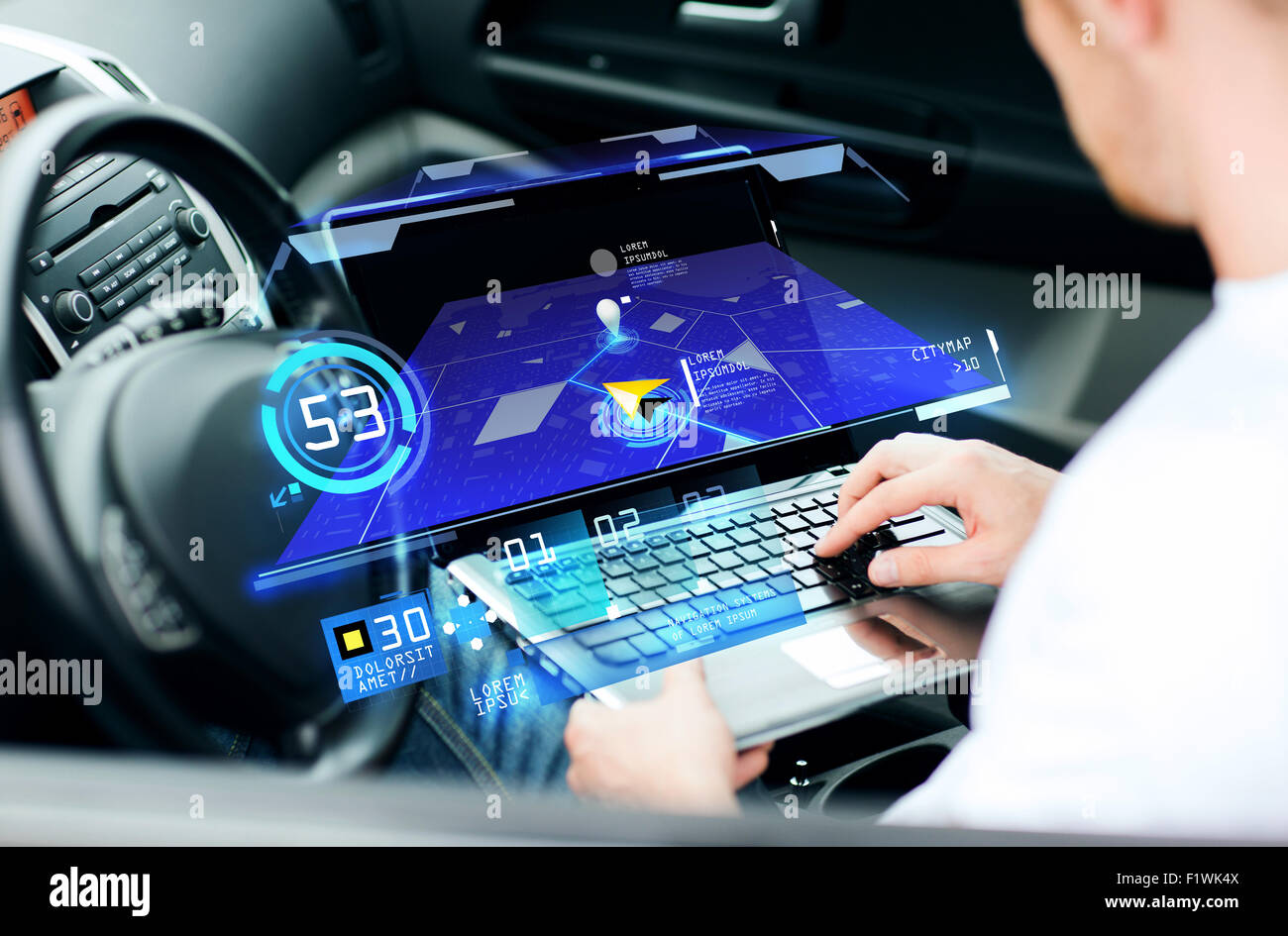 man using navigation on laptop computer in car Stock Photo - Alamy