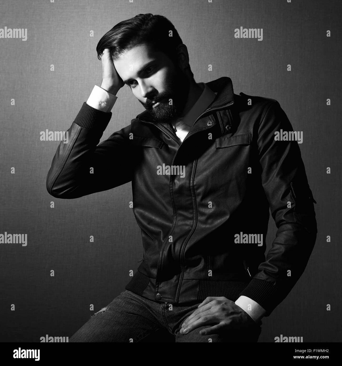 Portrait of handsome man with beard. Fashion photo. Black and white ...