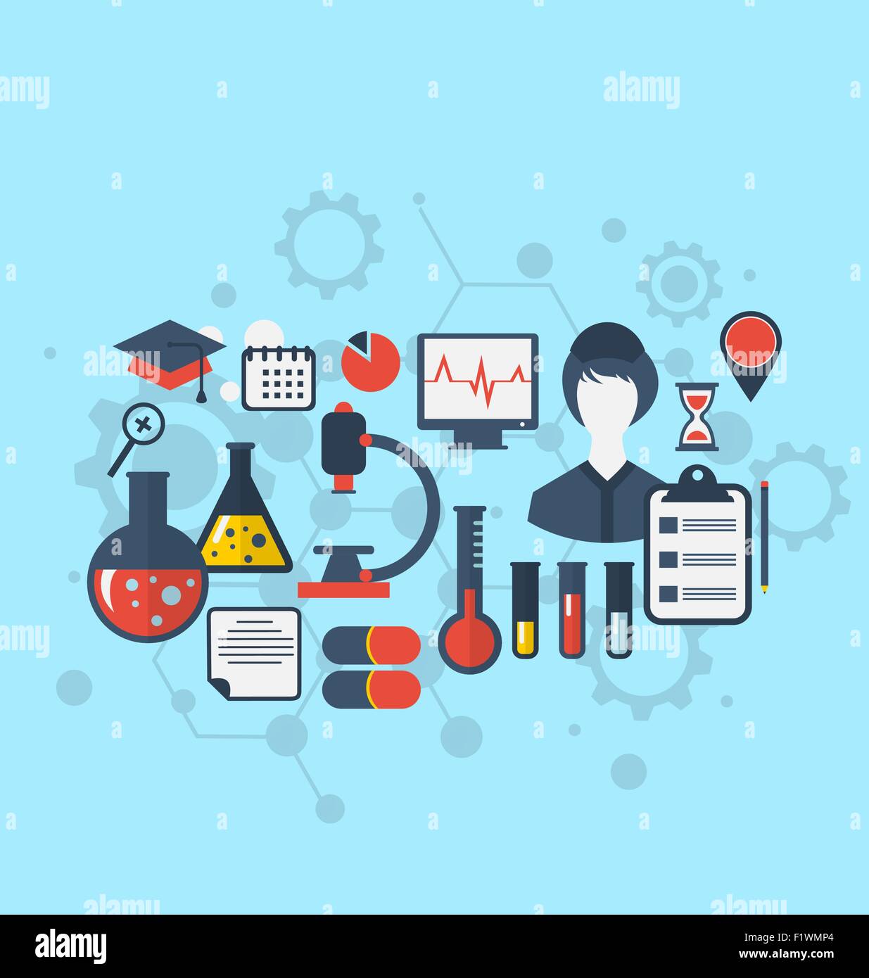 Concept of management medical science research, set flat icons Stock ...