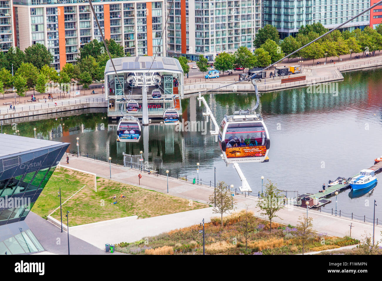 Emirates Air Line cable cars ride across the River Thames from North ...