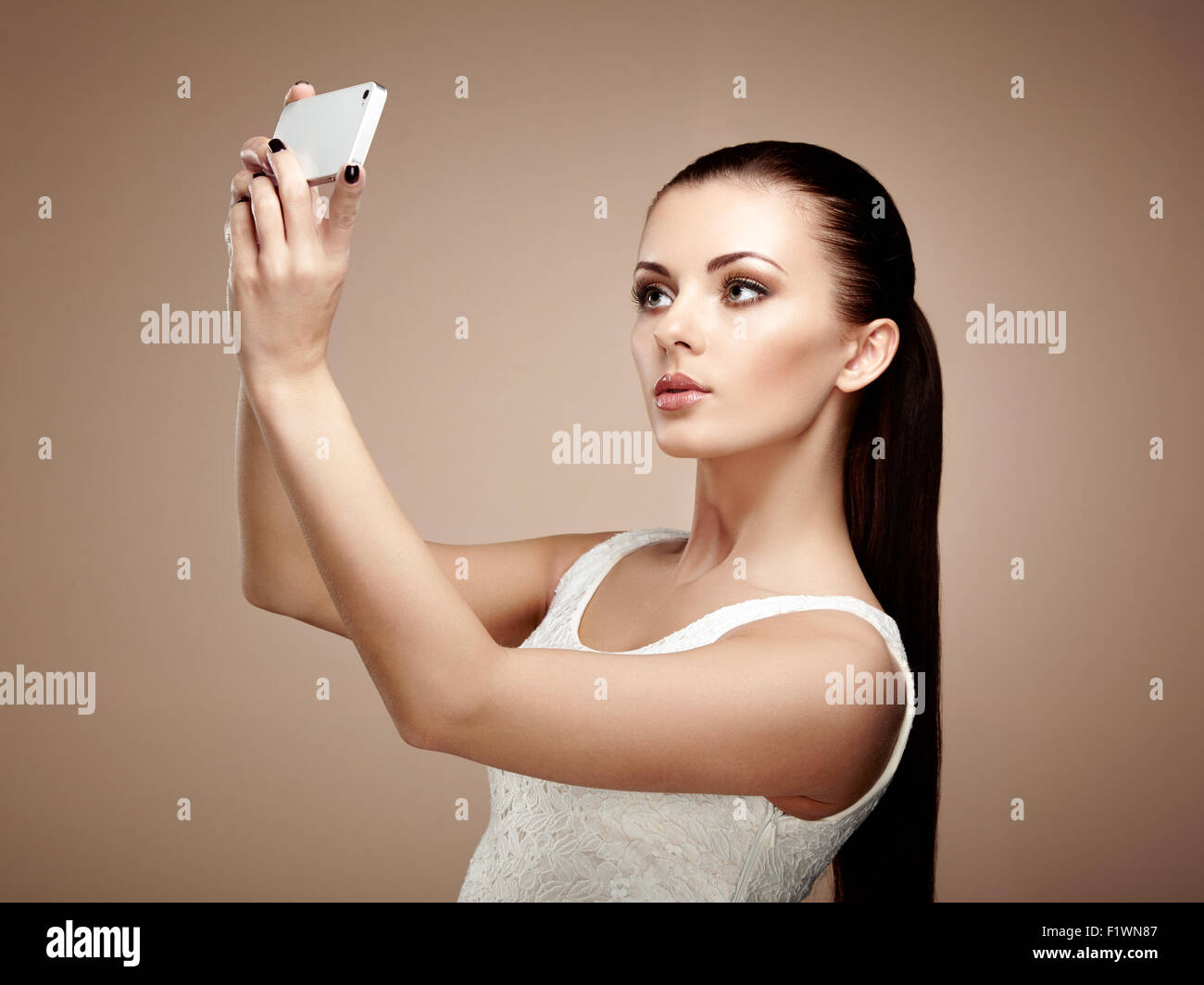 Beautiful Young Woman Taking Selfie Girl Photographing Herself With