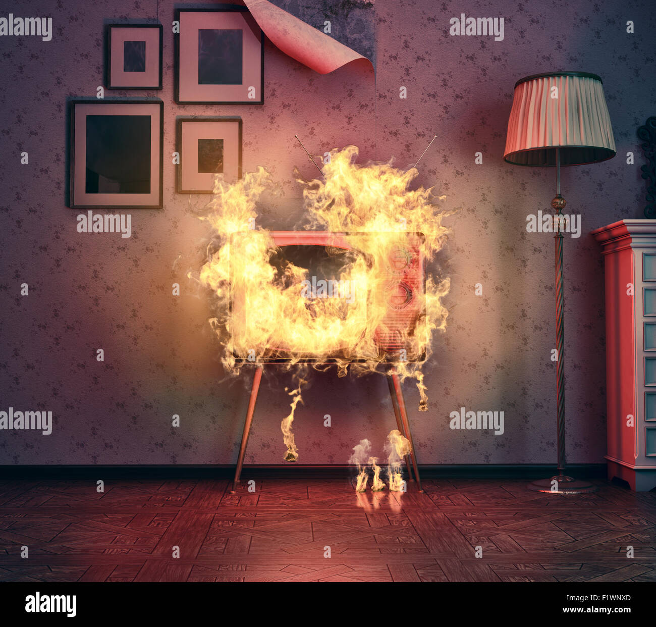 retro TV burning in old room. 3d rendering Stock Photo - Alamy