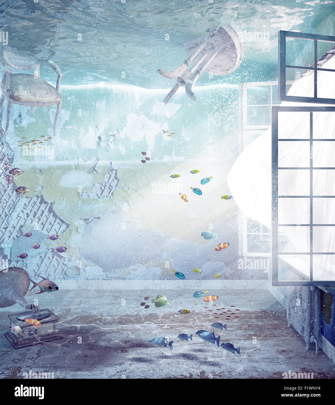 underwater flooded interior. 3d creative concept Stock Photo - Alamy