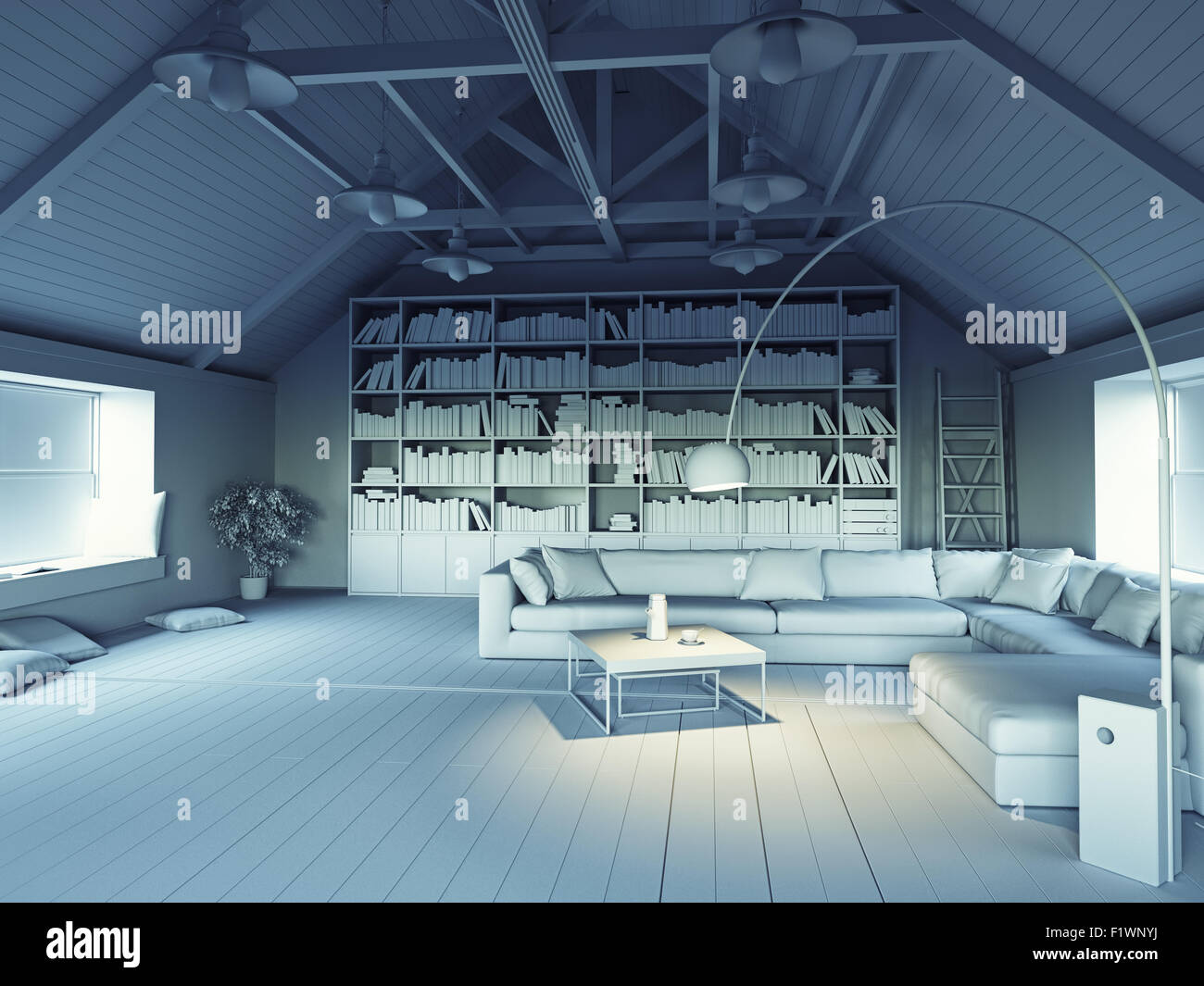 beautiful modern attic interior 3d design concept. Grayscale effect ...
