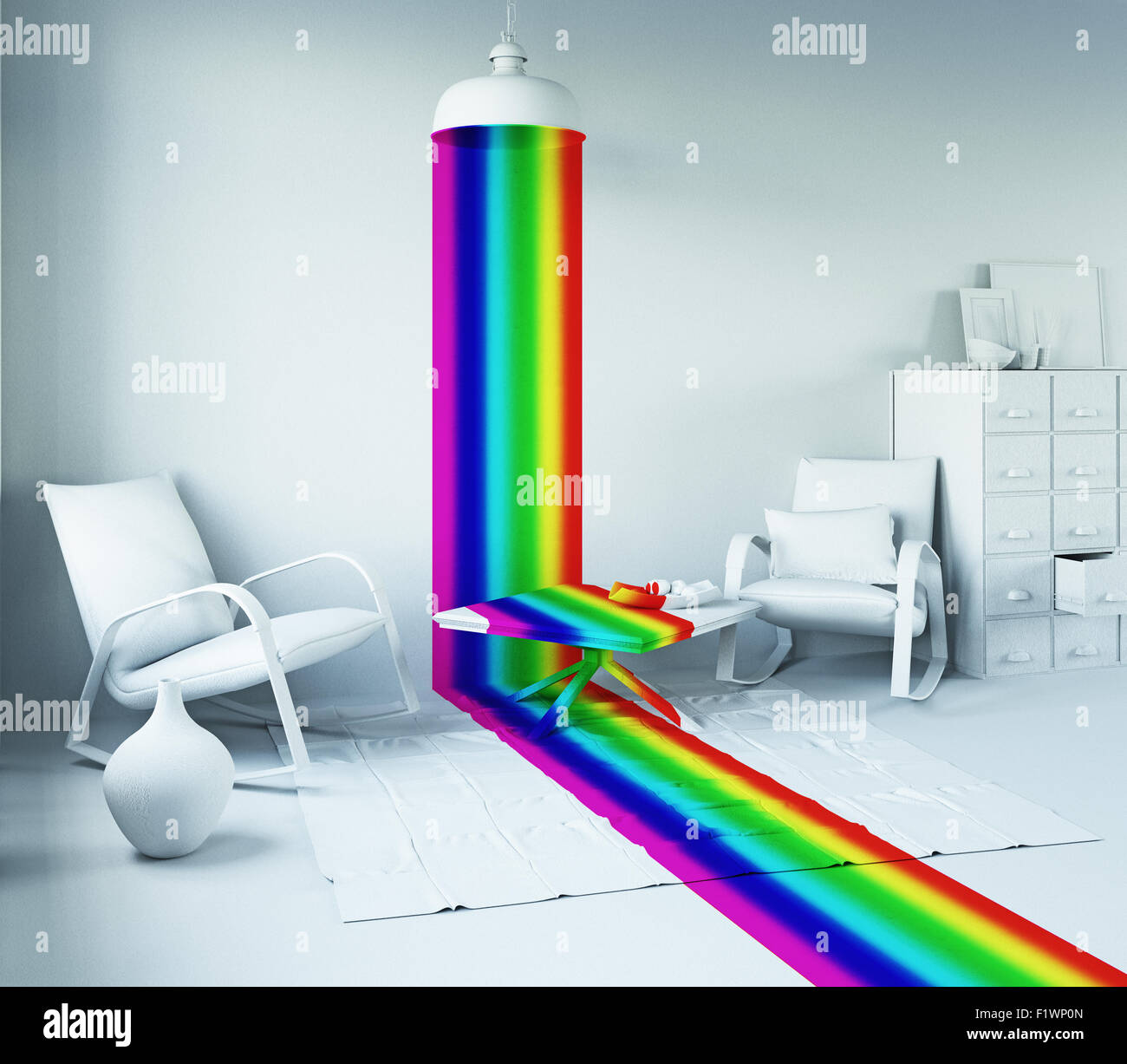 Rainbow color light from the lamp in a white interior. Art-style 3d ...