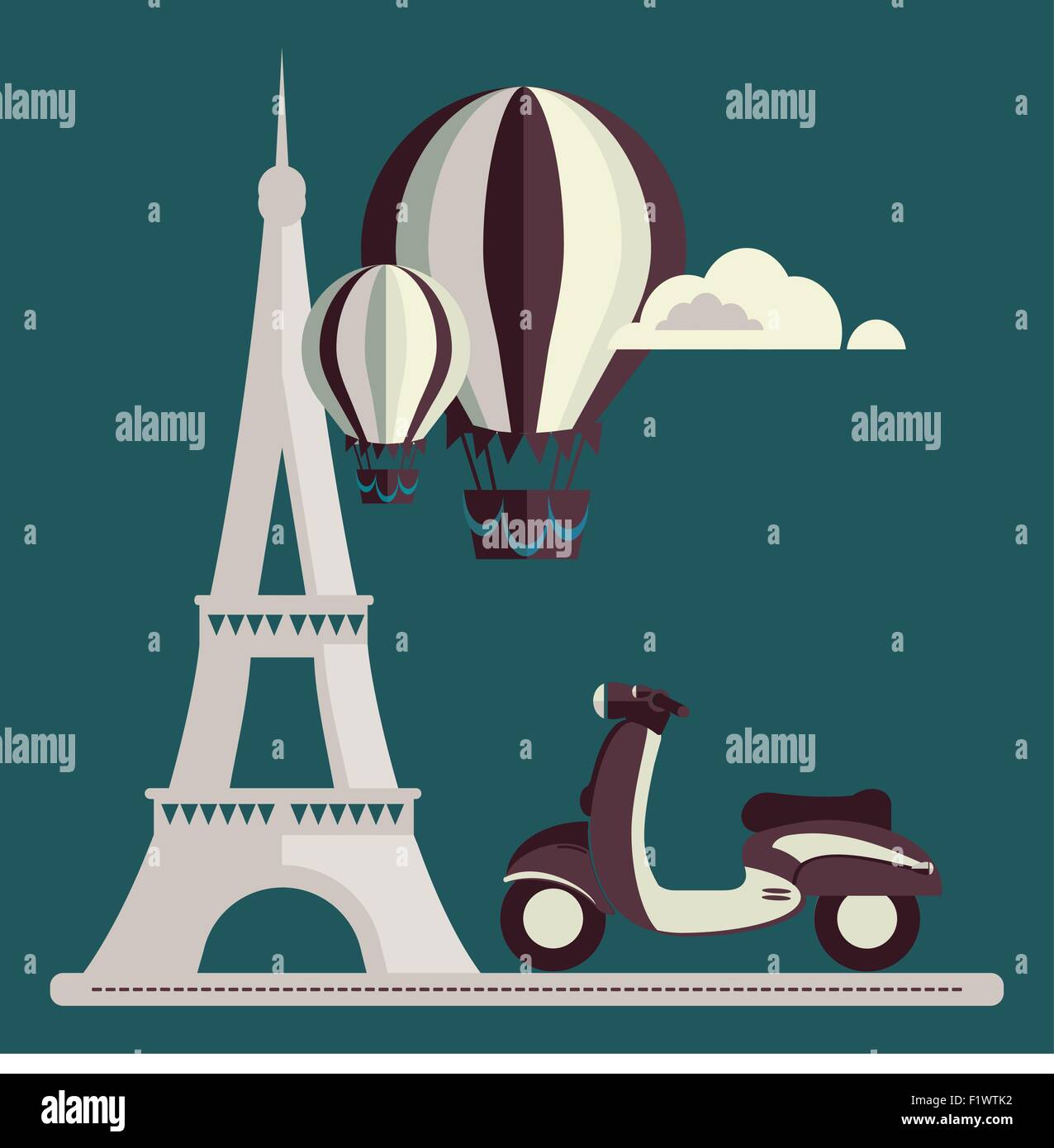 Eiffel Tower Paris scooter Air Balloon Clouds vector/illustration Stock ...